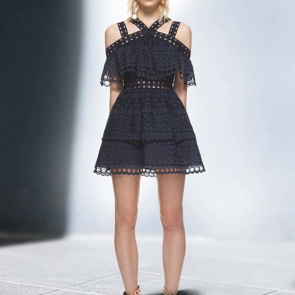 Self-Portrait | Dresses | Selfportrait Navy Embroidered Tiered Mini ...